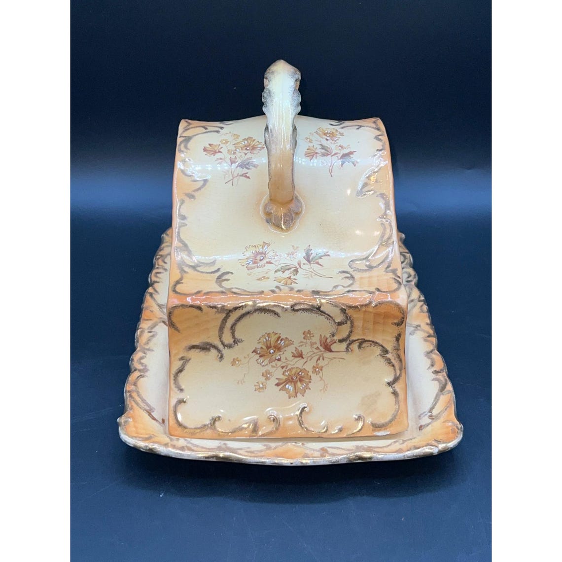 Antique Dresden 2 PC Butter Chiller Cheese Wedge Dish Gold Trim Scrolls ...