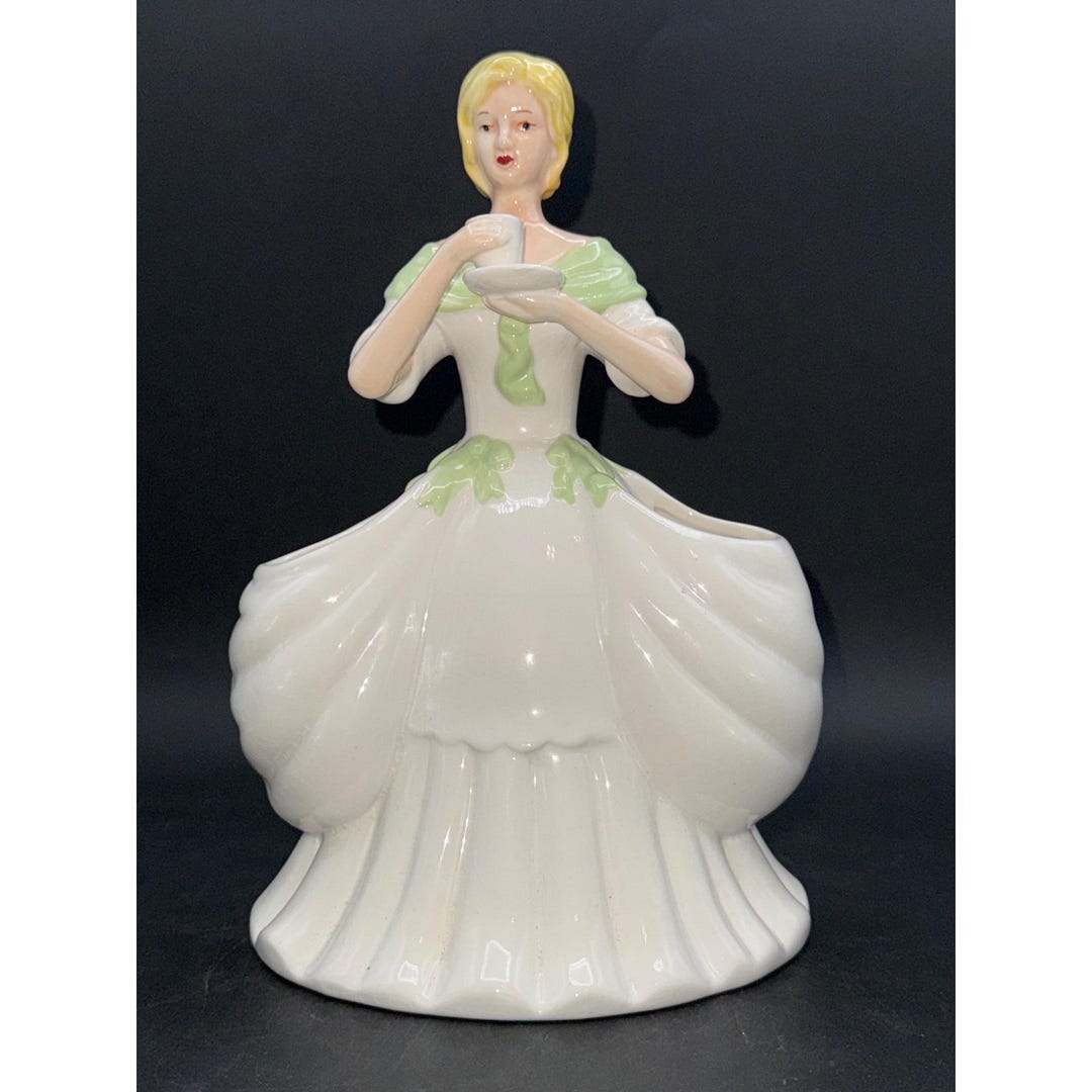 Vintage Ceramic Lady Figurine Planter With Green Accents & Teacup - Etsy