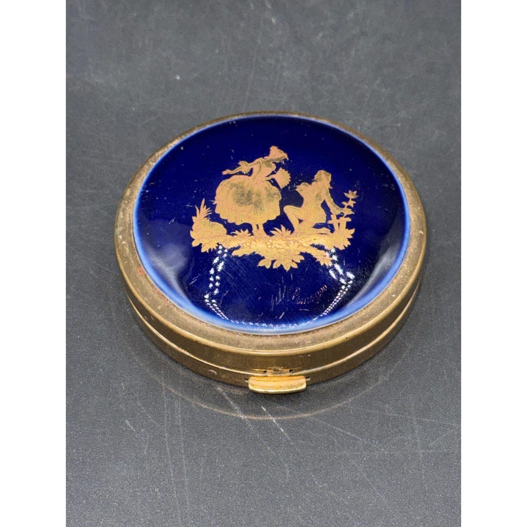 Vintage Limoges Porcelain Powder Compact Courting Couple Design Blue ...