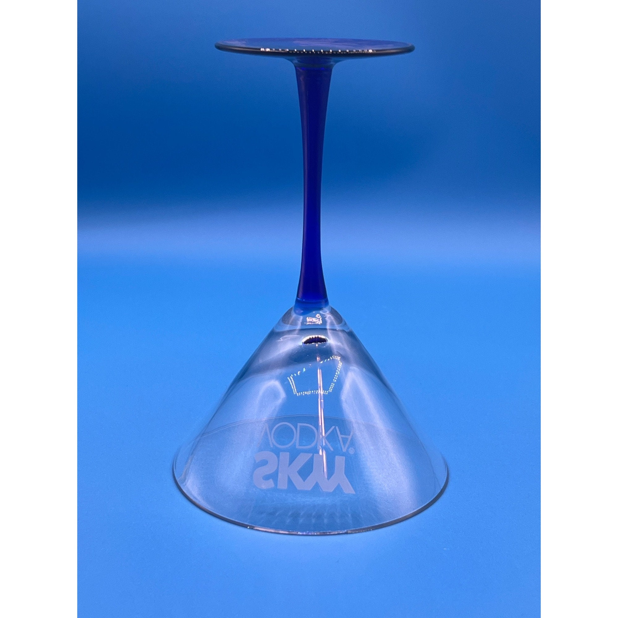 Set of Six Martini Glass SKYY VODKA Etched Clear and Blue Stem Shaken ...