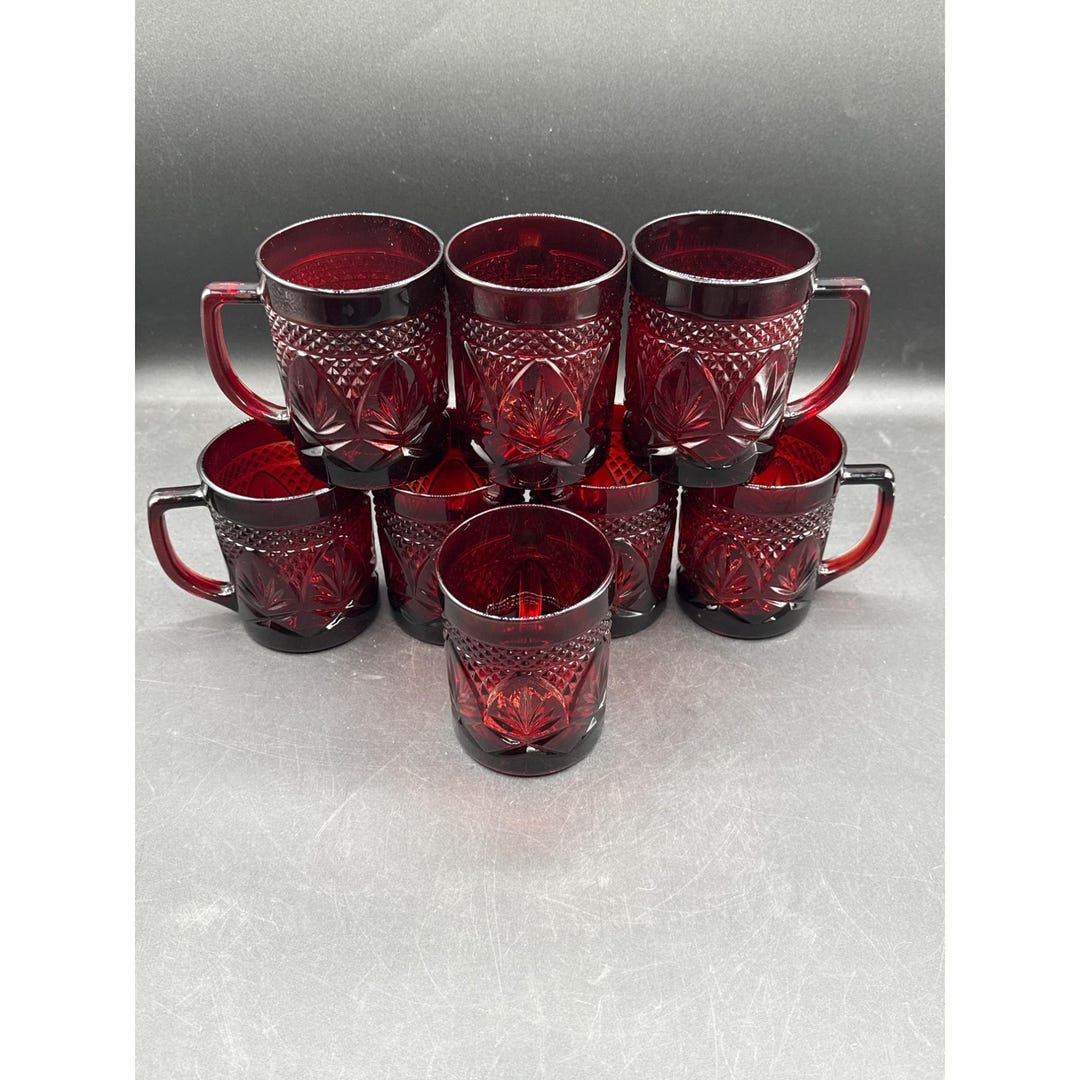 Set of 8 Luminarc Cristal Darques Ruby Red Pressed Glass Mugs French - Etsy