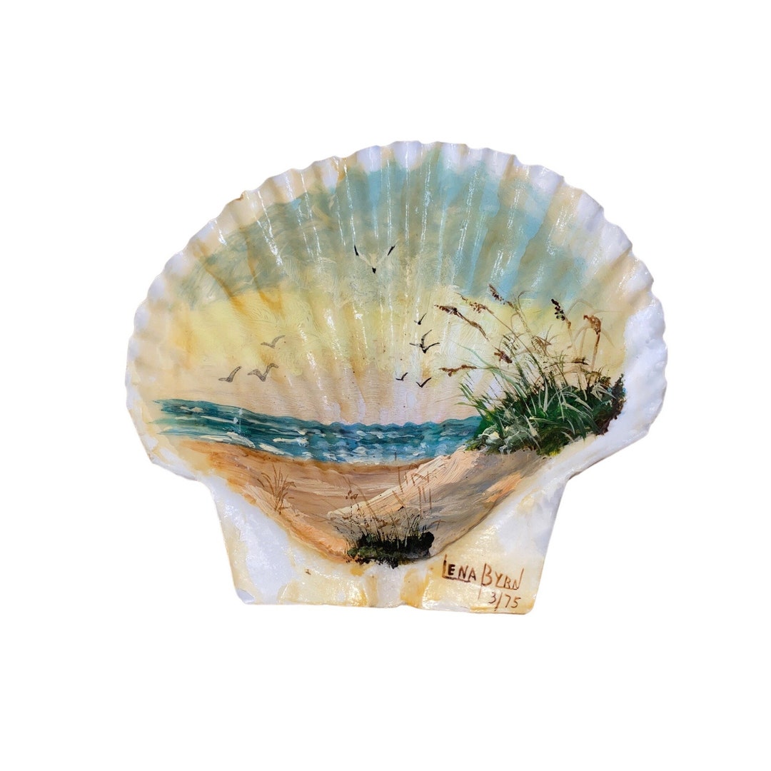 1975 Lena Byrne Hand Painted Beach Birds Sea Grass Scene Shell - Etsy