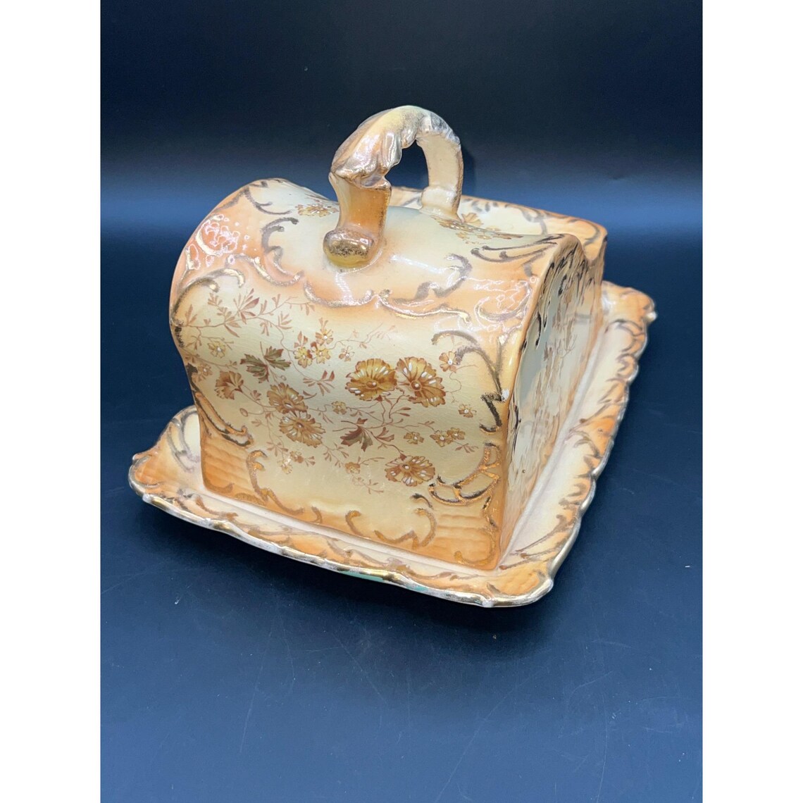 Antique Dresden 2 PC Butter Chiller Cheese Wedge Dish Gold Trim Scrolls ...