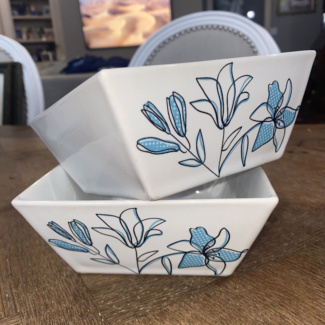 Coventry Porcelain Stoneware Lily Blossom Design Square Bowls Blue ...