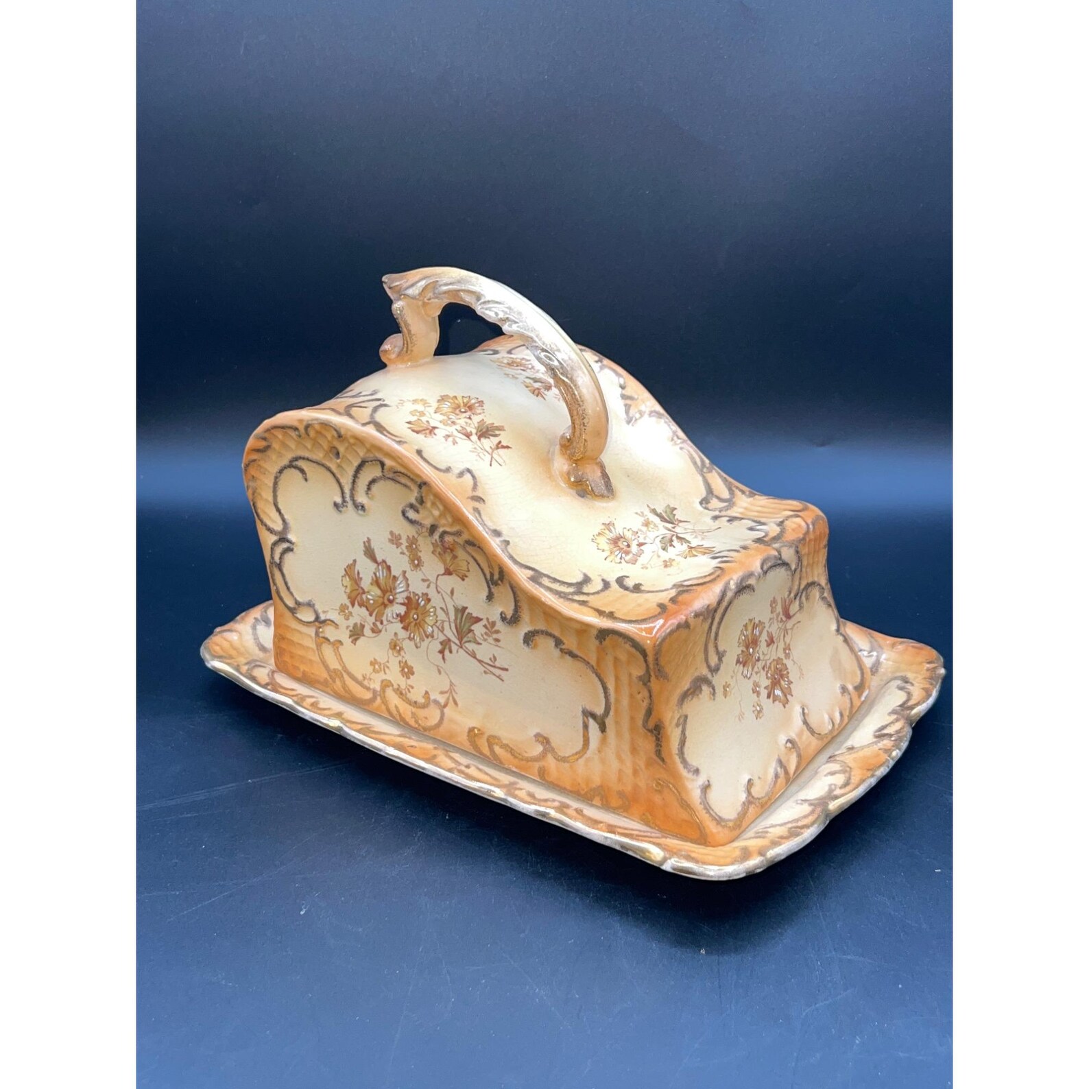 Antique Dresden 2 PC Butter Chiller Cheese Wedge Dish Gold Trim Scrolls ...