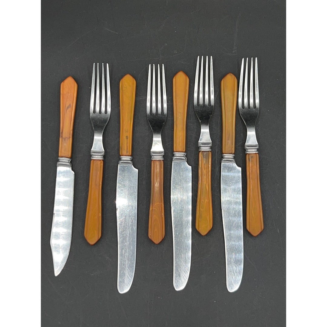 Vintage Federal Stainless Butterscotch Bakelite Handle Forks Table ...