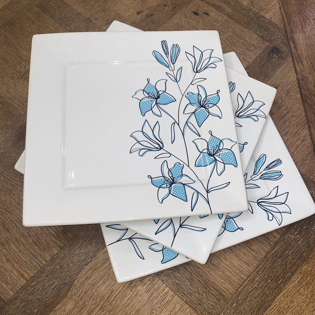 3 Coventry Fine Porcelain Stoneware MCM Dinner Plates Blue Lily Blossom ...