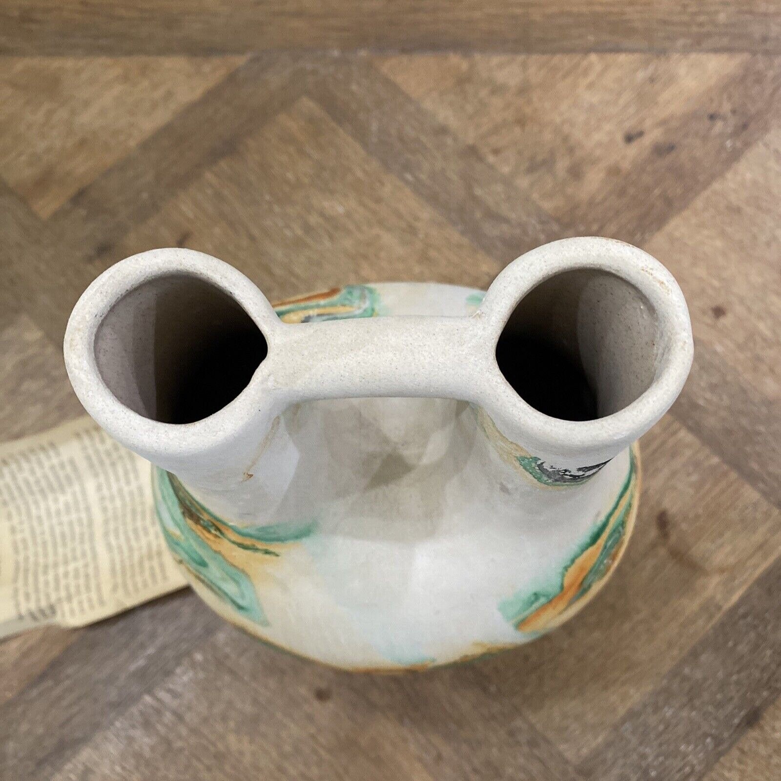 NEMADJI POTTERY USA Wedding Vase Double Spout 10 Green Orange Black ...