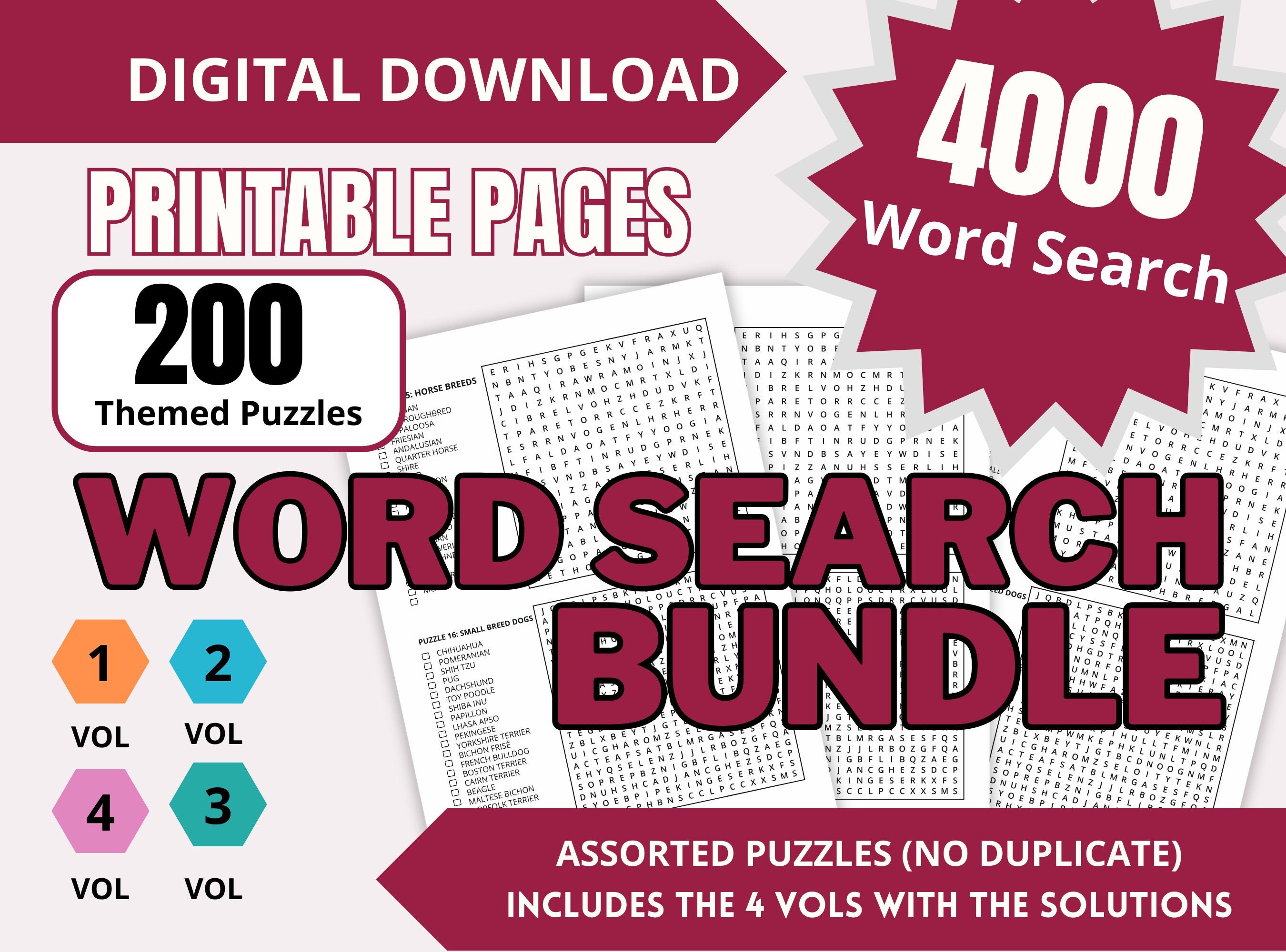 Word Search Bundle - VOLUME 1–4 BUNDLE | 4000 Word Search for Adults ...