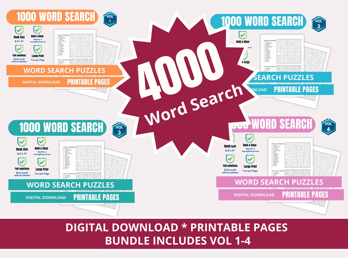 Word Search Bundle - VOLUME 1–4 BUNDLE | 4000 Word Search for Adults ...