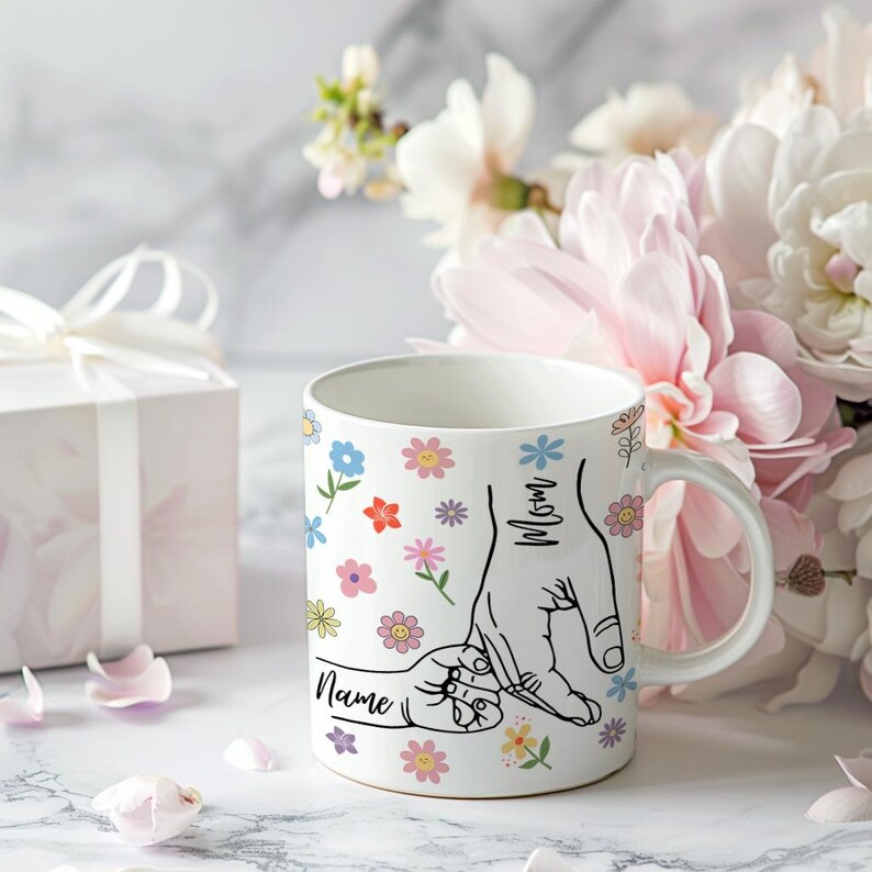 Custom up to 6 Kids Holding Mom’s Hand Mug Wrap PNG, Floral Coffee Mug ...