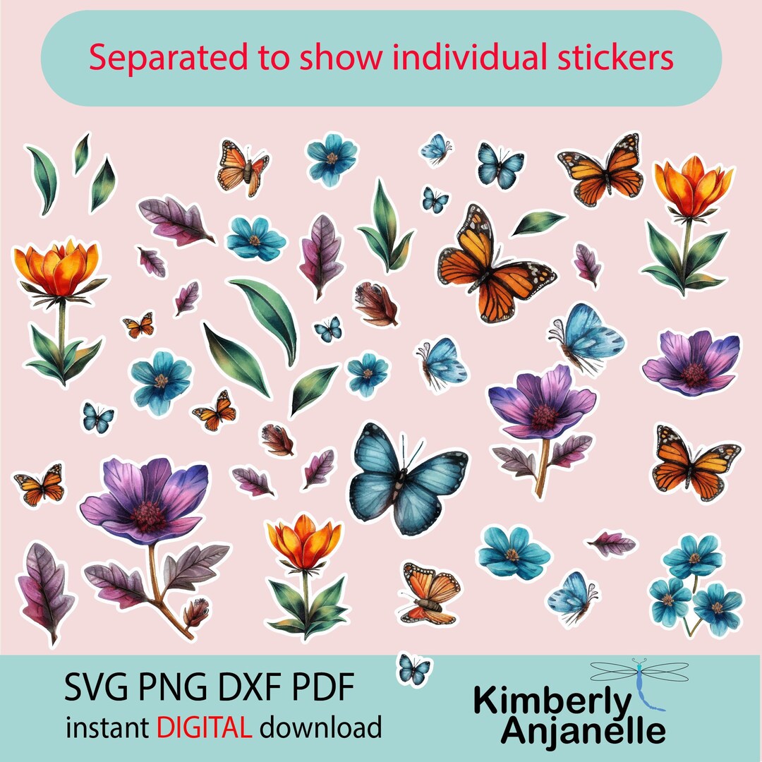 Butterfly Spring Summer Sticker Sheets, Flower Stickers, Printable ...