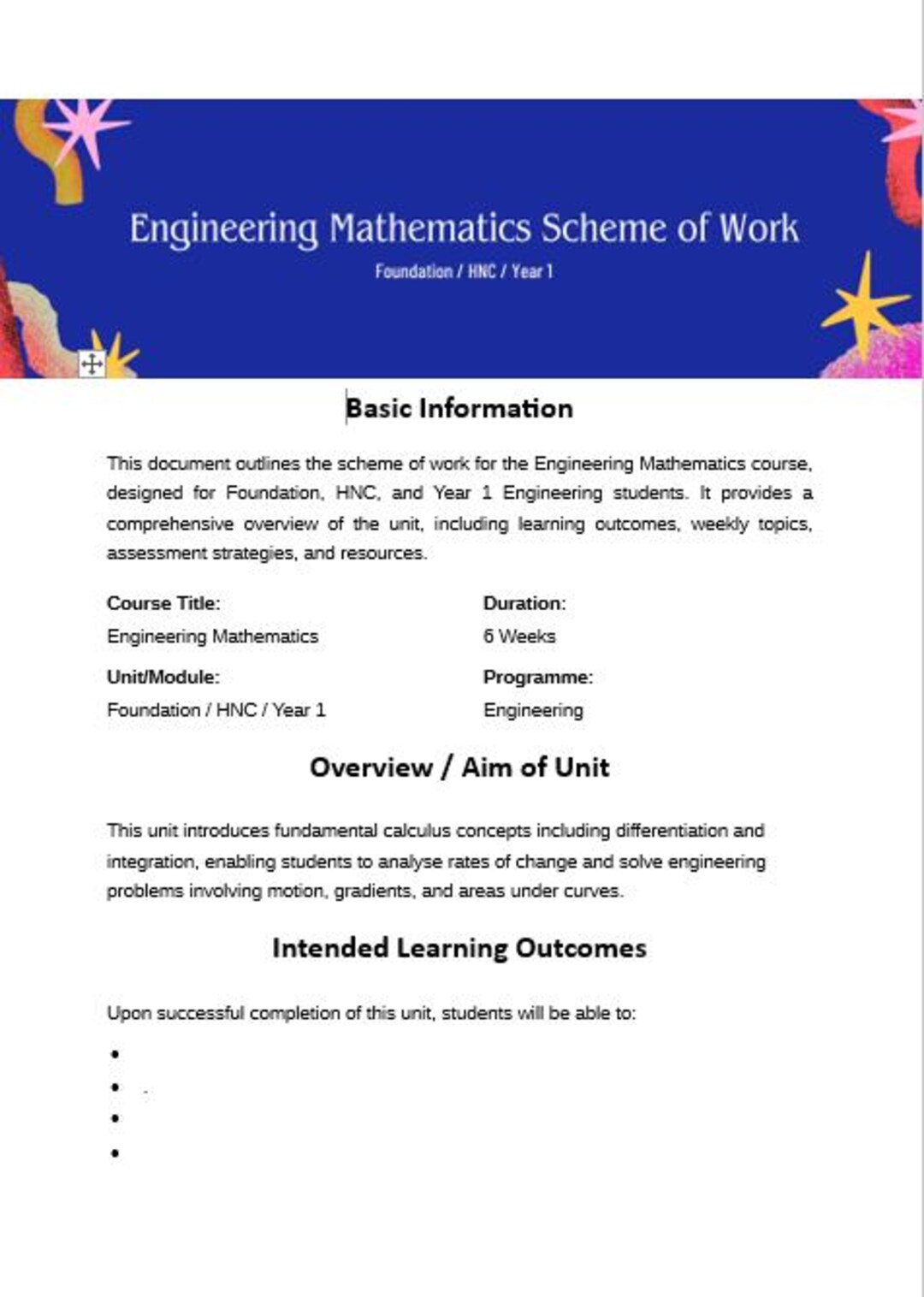 Engineering Maths Scheme of Work | Editable File for HNC, HND or FE ...
