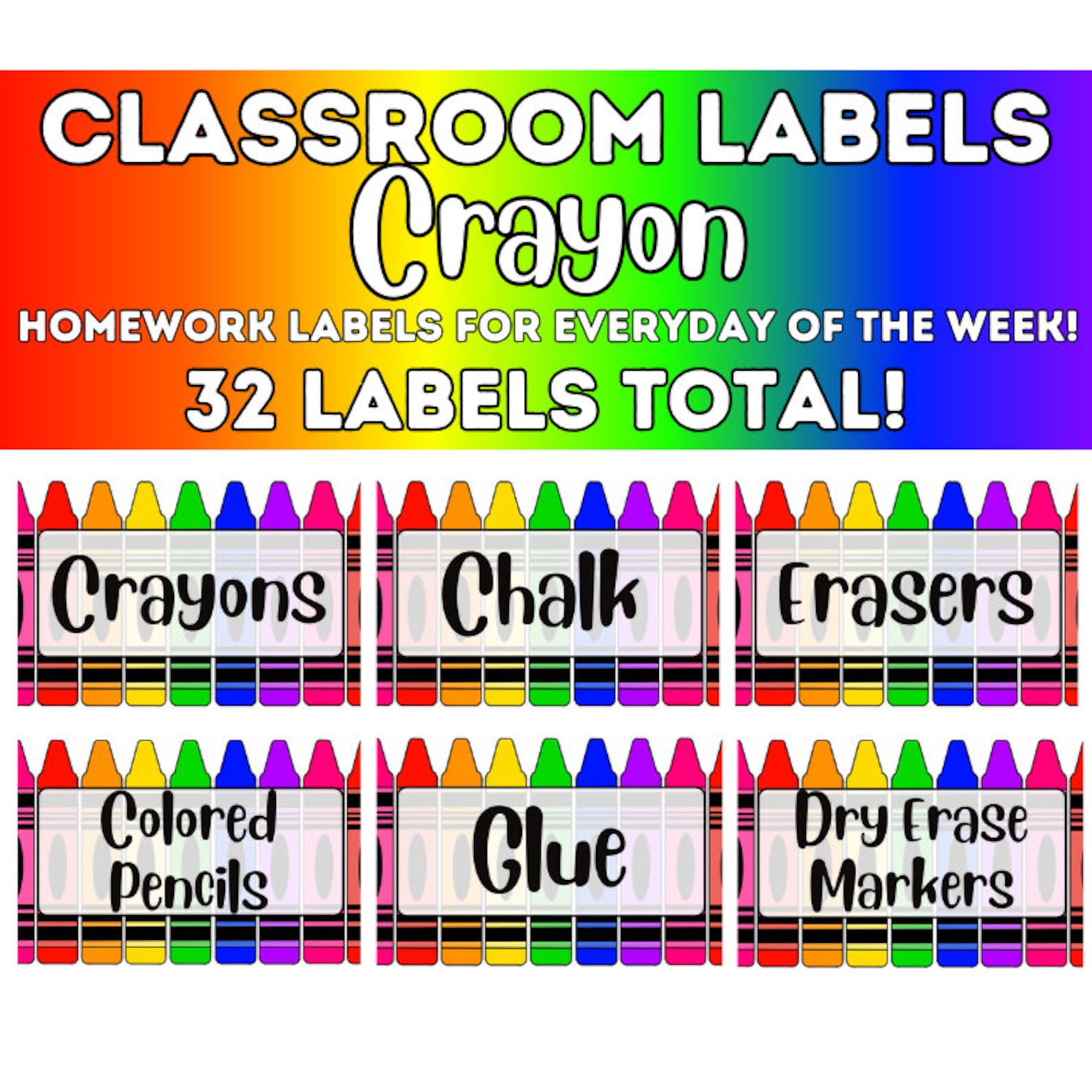 Crayon Themed Classroom Labels - 32 Labels - Homework Labels - Etsy