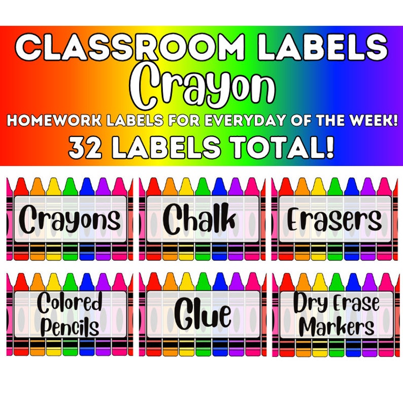 Crayon Themed Classroom Labels - 32 Labels - Homework Labels - Etsy