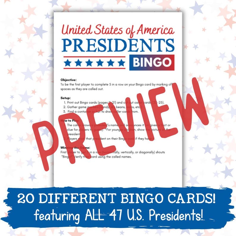 U.S. Presidents Bingo Game | Fun & Educational Game About Presidents ...
