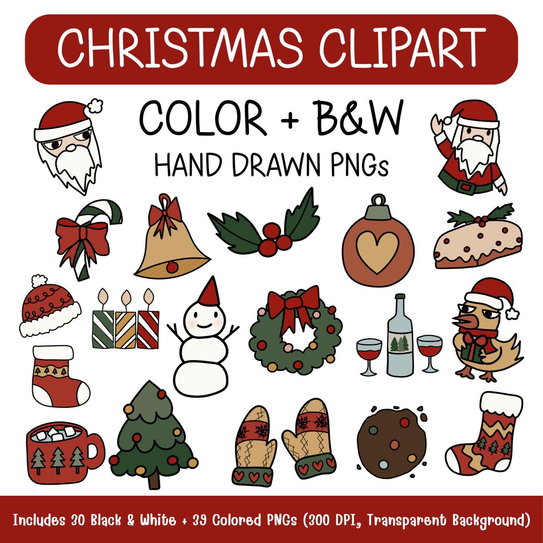 Christmas Clipart Set – 30 Black & White + 39 Colored Pngs | Hand-drawn ...
