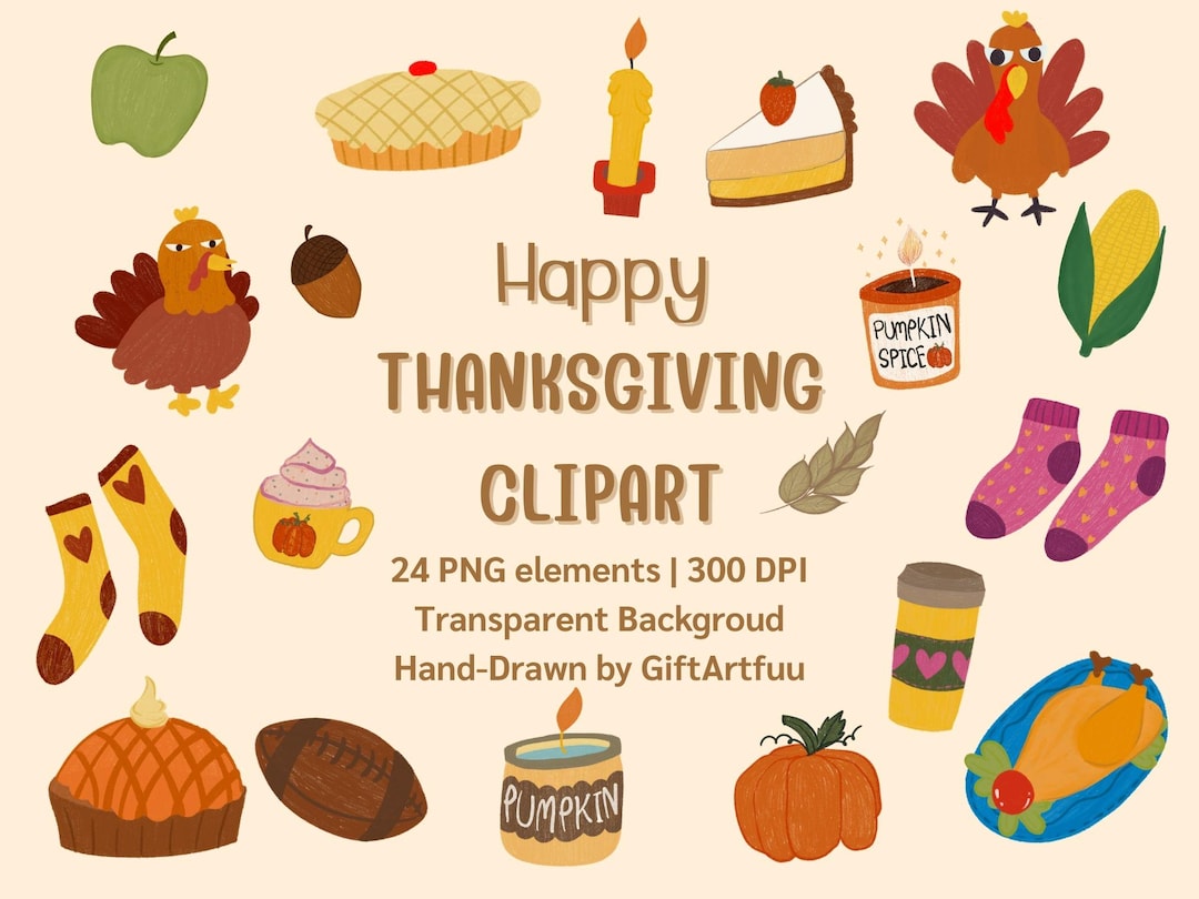 Thanksgiving Clipart Bundle | 24 Hand-drawn PNG Illustrations | Autumn ...