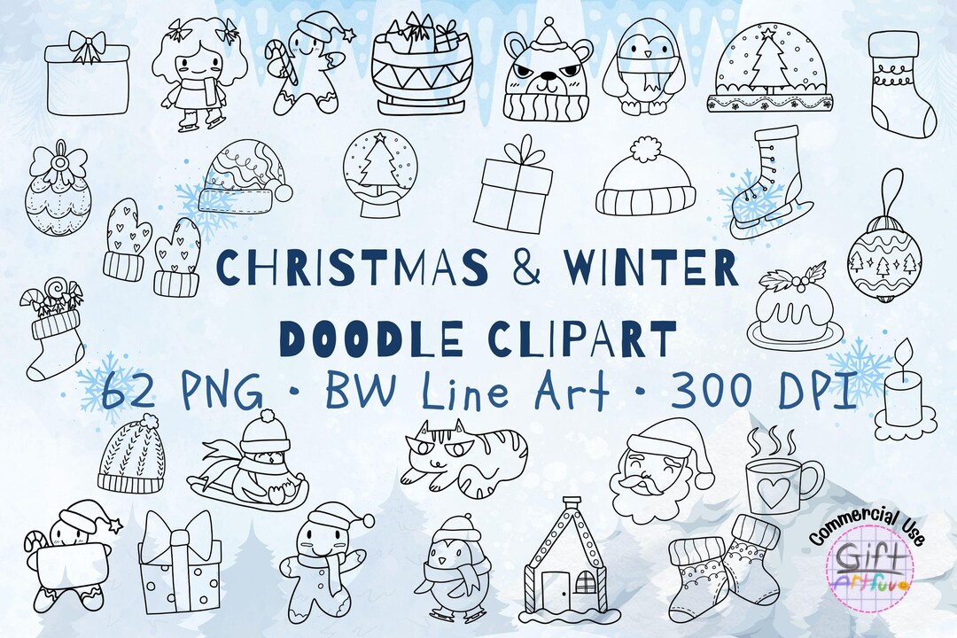 Christmas Winter Doodle Clipartม 62 BW Line Art Images Black & White ...