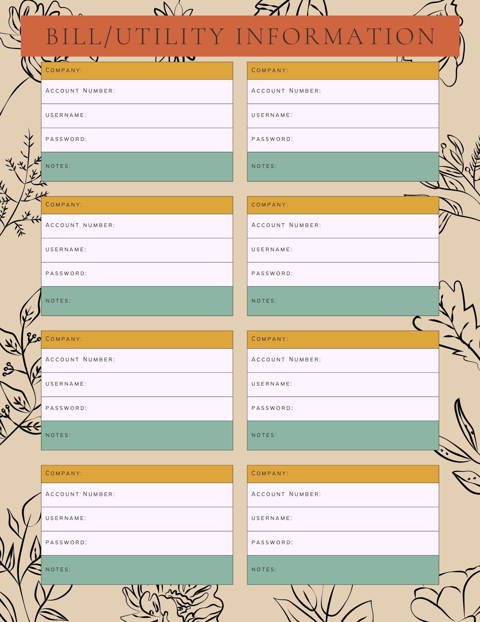 Utility Information Tracker Printable - Etsy