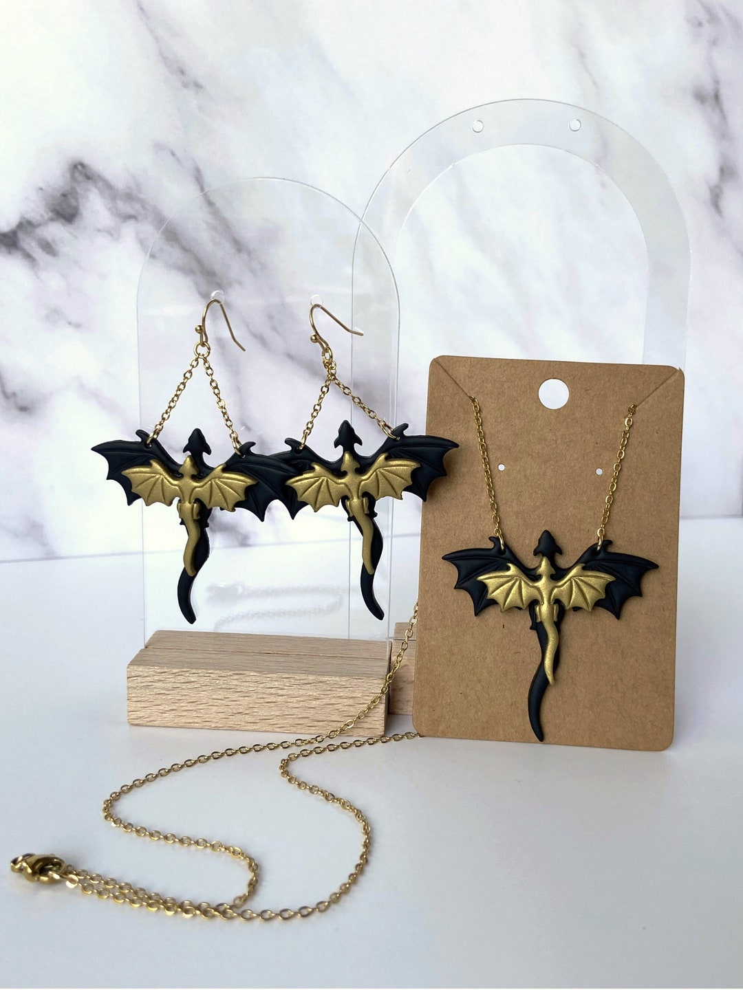 Dragon Necklace and Earrings, Black and Gold Dragons, Gift for Book ...