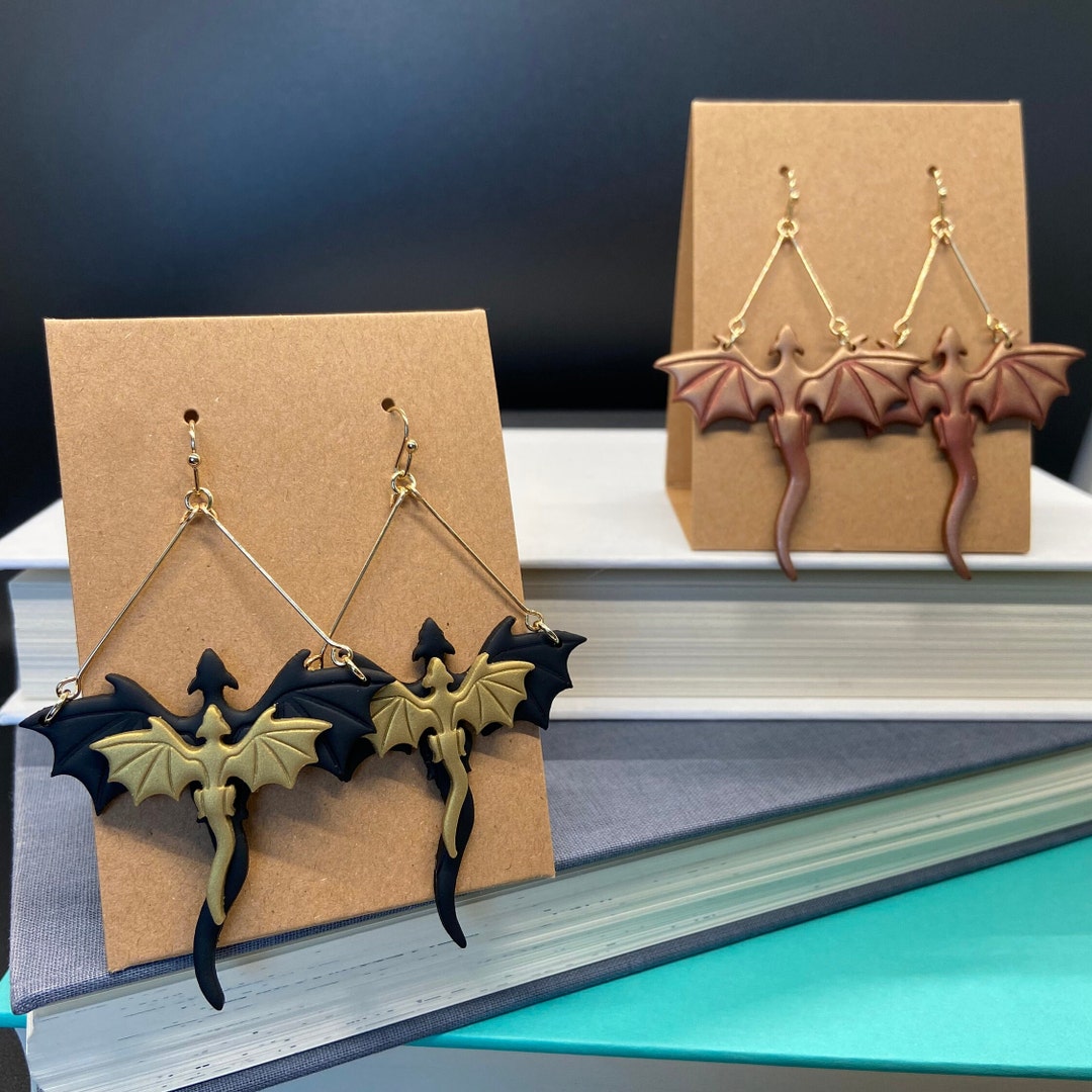 Dragon Earrings, Fourth Wing, Black and Gold Dragons, Gift for Book ...