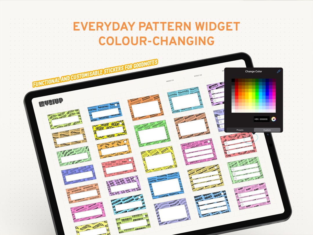 Unique Digital Color Changing Widget for Digital Planner, Clean Design With Text Patterns ...