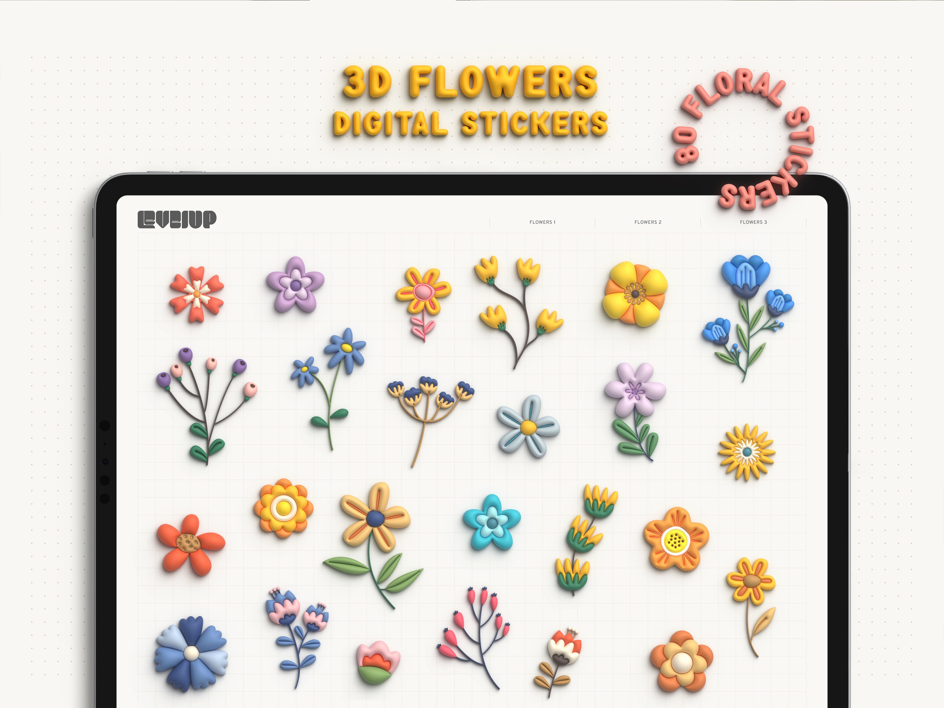 3D Flower Digital Stickers: Cute Puffy Transparent Flower Sticker Book ...