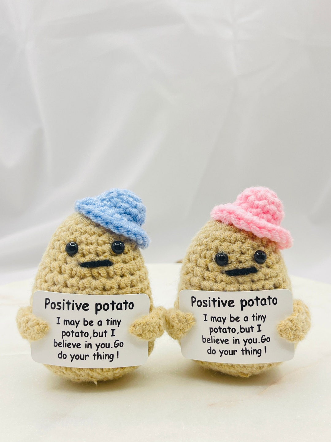 Handmade Crochet Positive Potato with Blue/pink Hat, Motivational ...