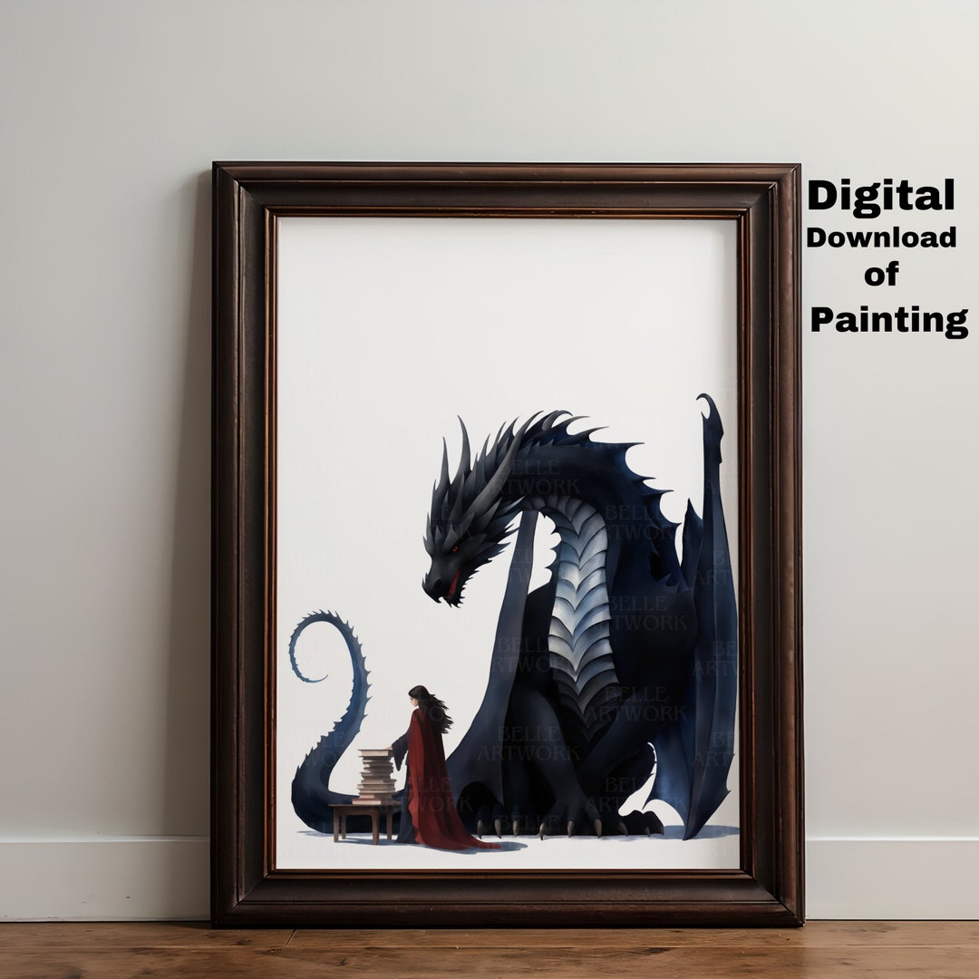 Girl With Books and a Dragon Illustration, Fantasy Art, Dragon Art ...