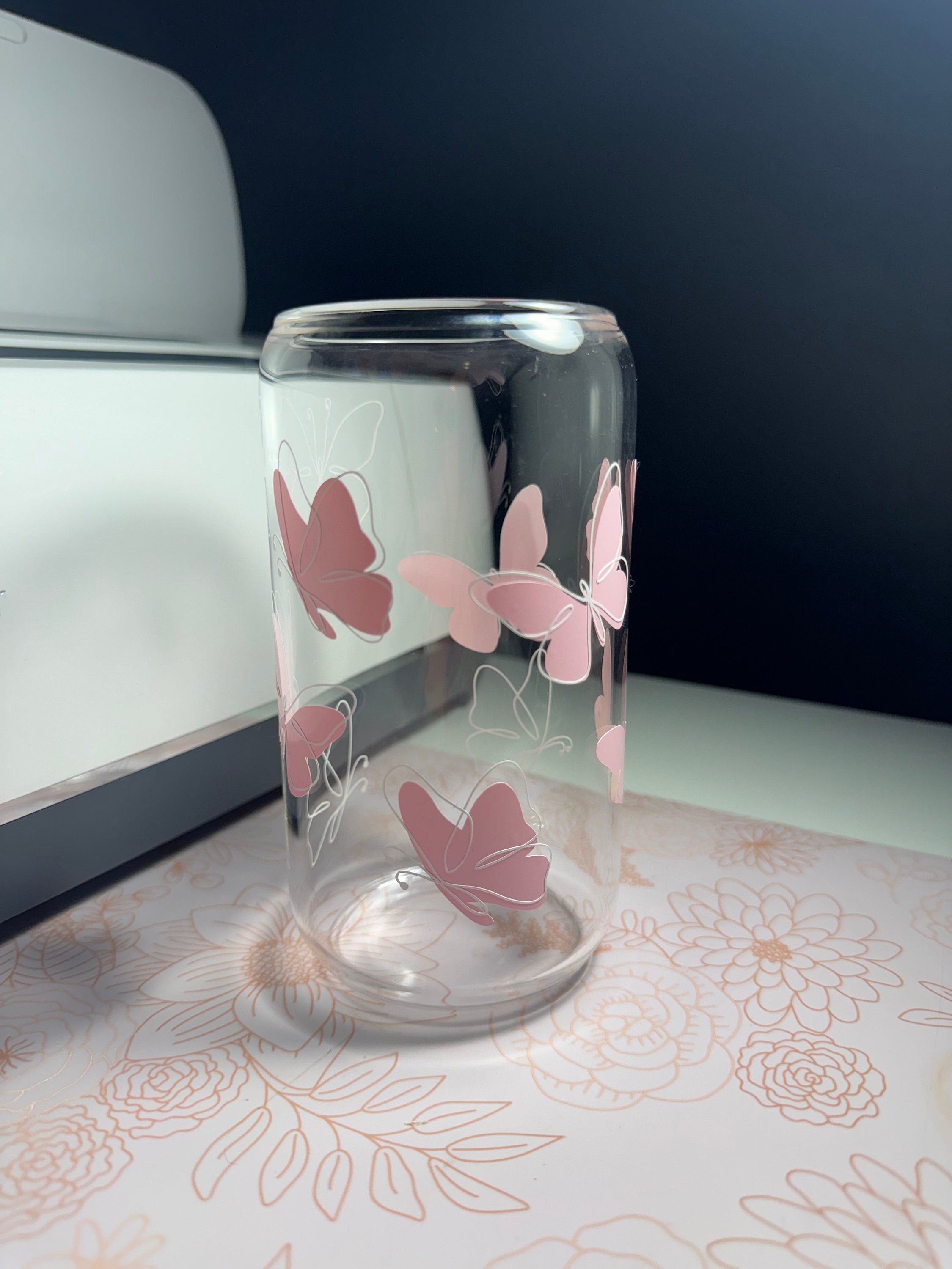 Butterflies Glass Cup / 16oz Glass Cup / Glass Cup With Bamboo Lid and ...