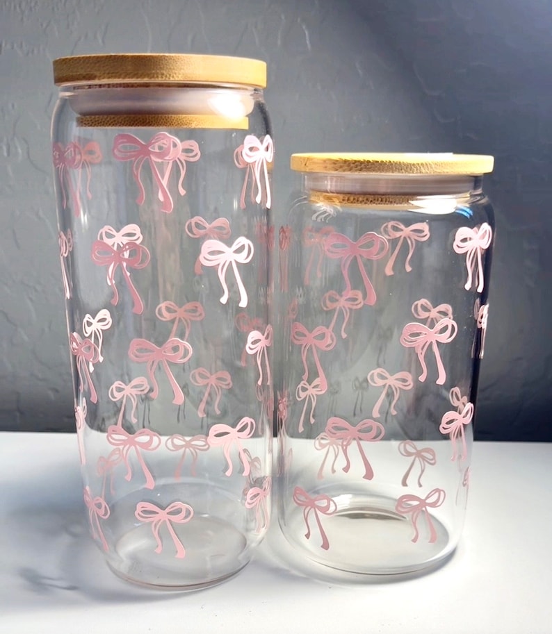 Pink Bows Glass Cup / 16oz Glass Cup / Glass Cup With Bamboo Lid and ...
