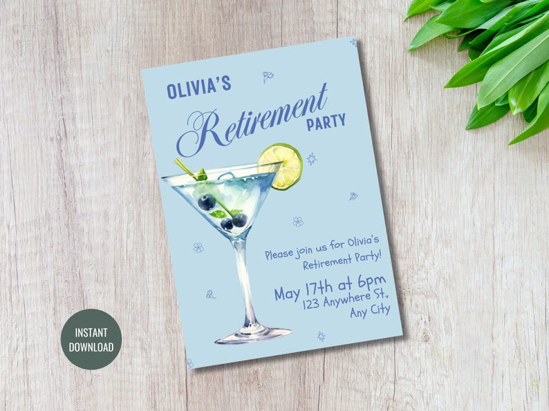 Retirement Party Invitation Blue Drink Custom Printable Invitation ...