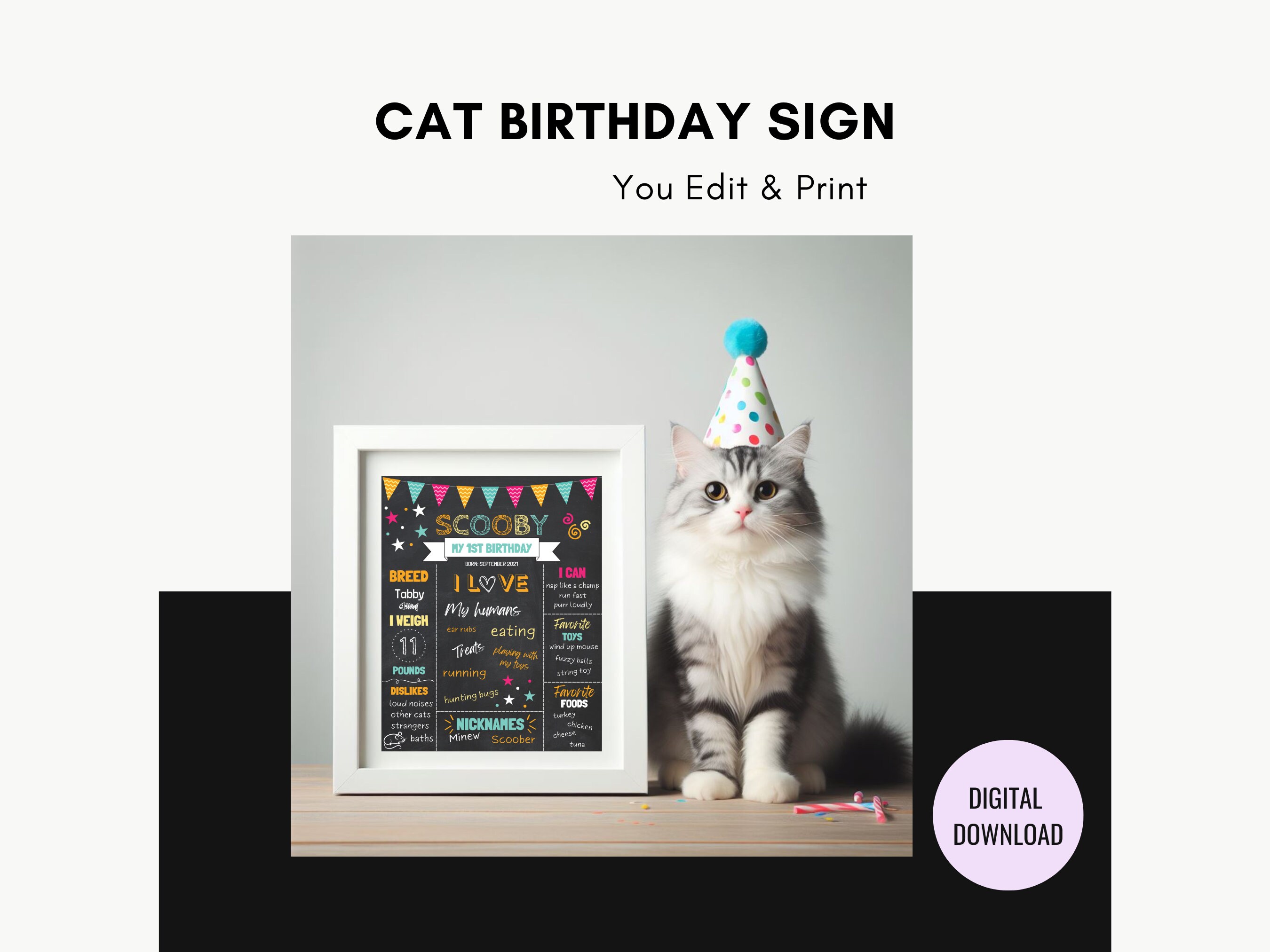 Printable Cat Birthday Chalkboard Sign Cat Milestone Birthday Board ...