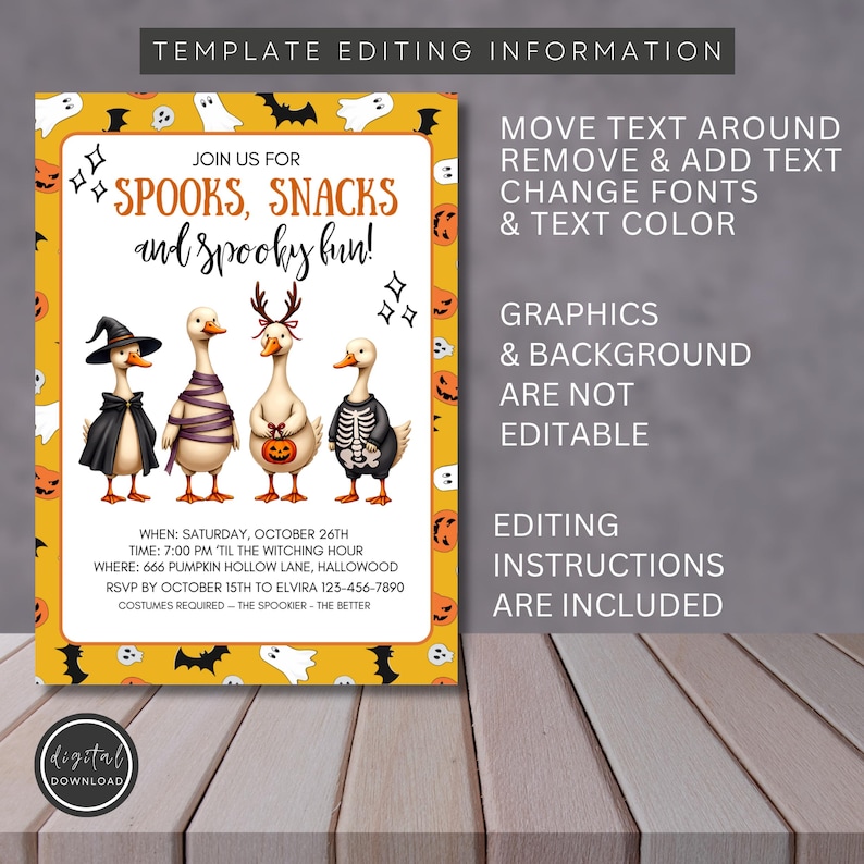 Funny Goose Halloween Party Invitation: Costume Party, Editable ...