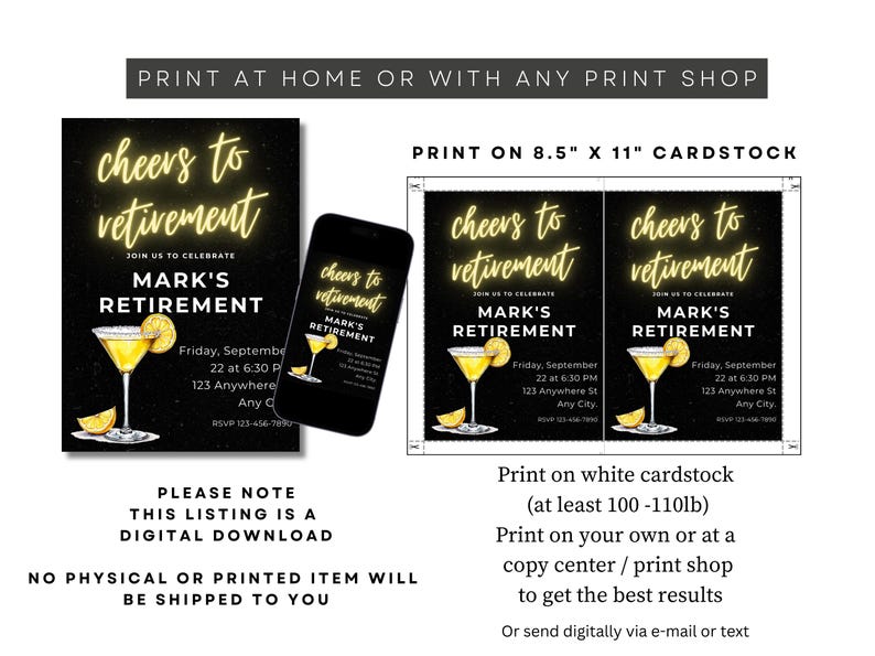 Retirement Party Invitation Lemon Drop Martini - Cheers to Retirement ...