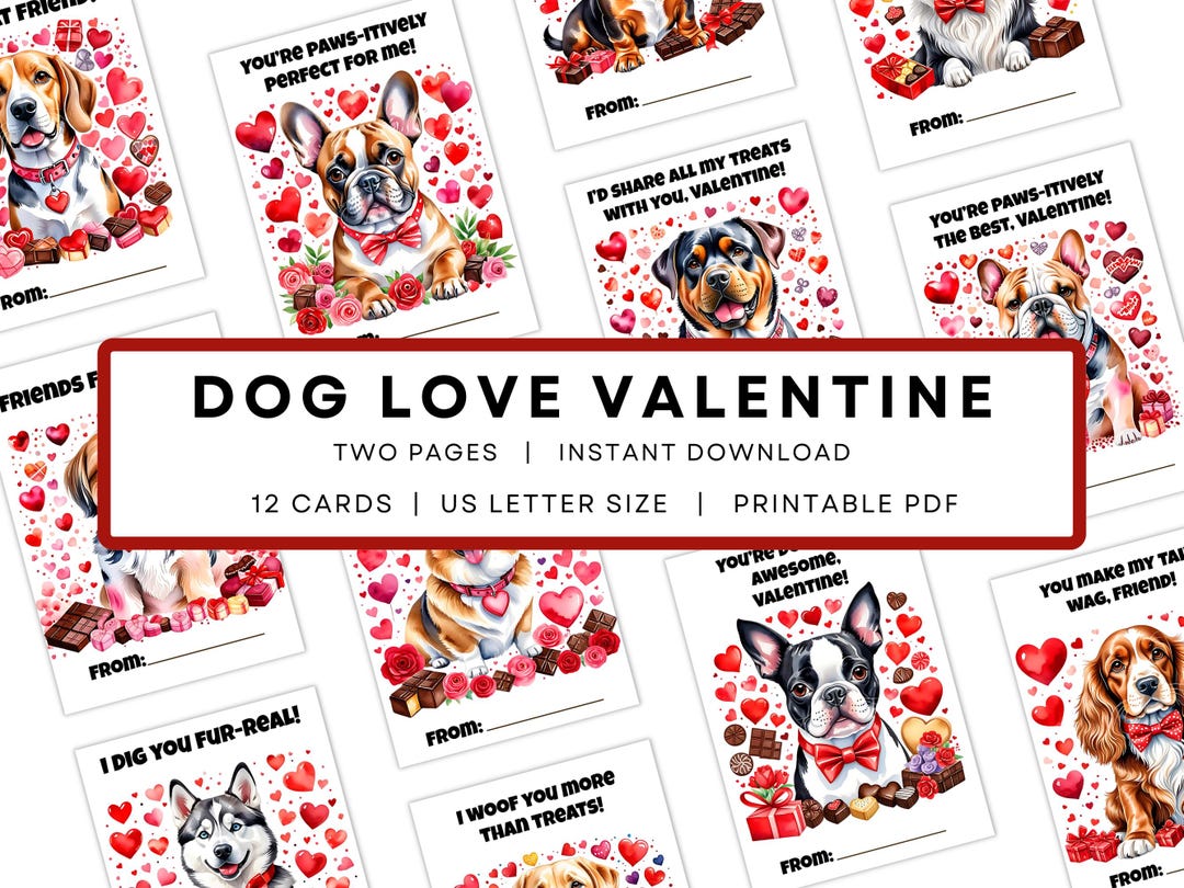 Dog Love Printable Valentine's Day Cards for Kids Printable Classroom ...