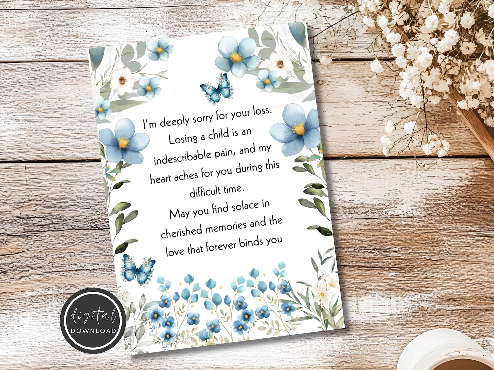 Loss of Child Sympathy Card: Blue Floral Printable (digital Download ...