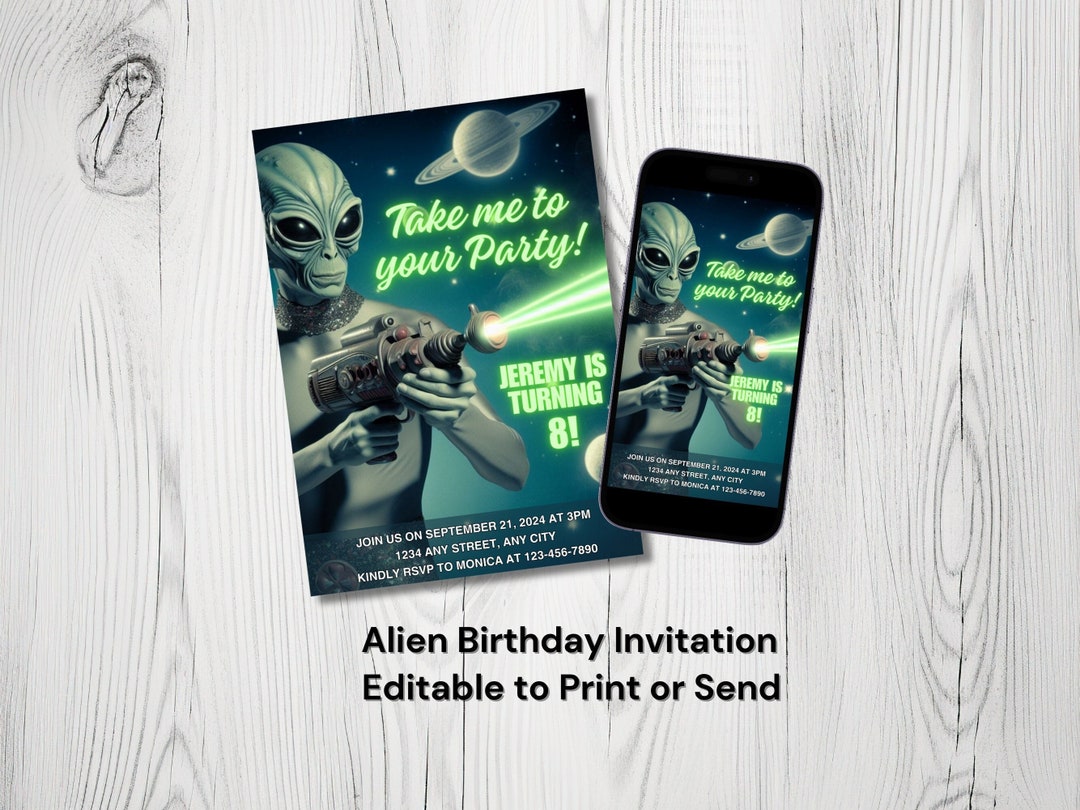 8th Birthday Alien Space Birthday Party Invitation - Editable Green ...