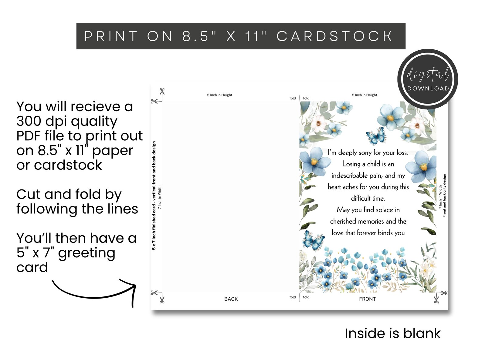 Loss of Child Sympathy Card: Blue Floral Printable (digital Download ...