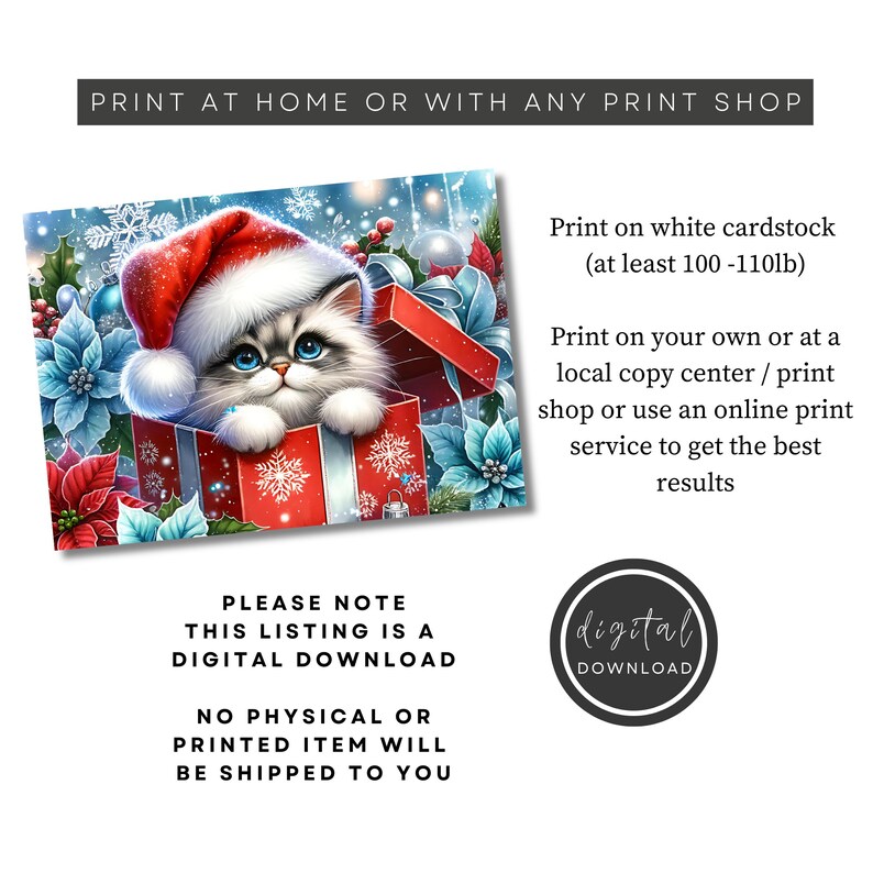 Printable Cat Christmas Card | Cute Pet Holiday Greeting | DIY Digital ...