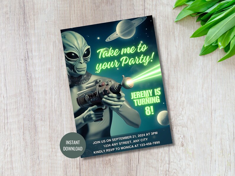 8th Birthday Alien Space Birthday Party Invitation - Editable Green ...