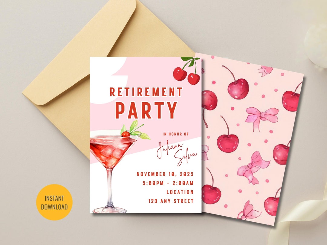 Retirement Party Invitation for Women - Pink Drink - Custom Printable ...