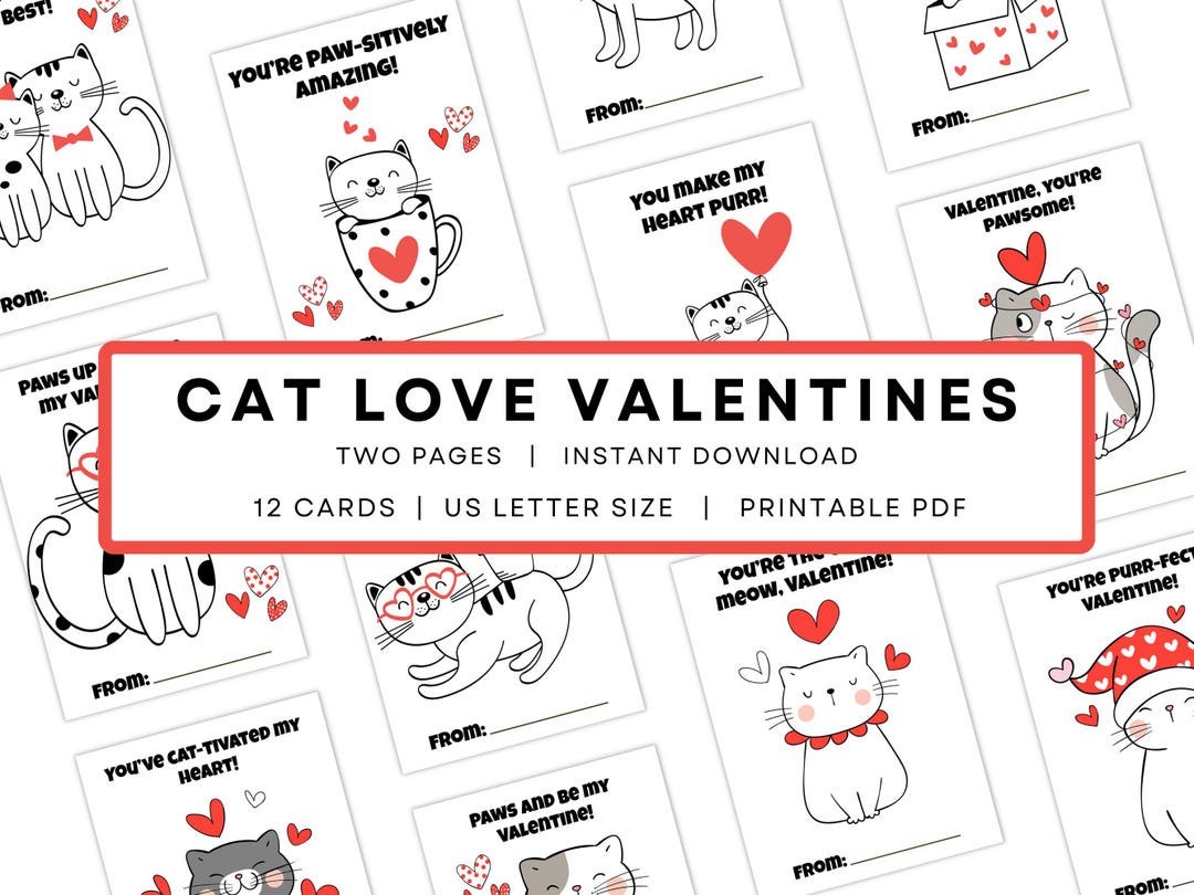 Cat Valentine's Day Cards for Kids: Classroom Valentines (printable PDF ...