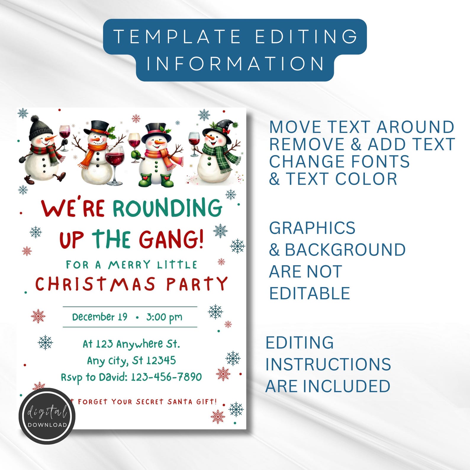 Christmas Party Invitation | Snowman Holiday Invite | Editable Digital ...