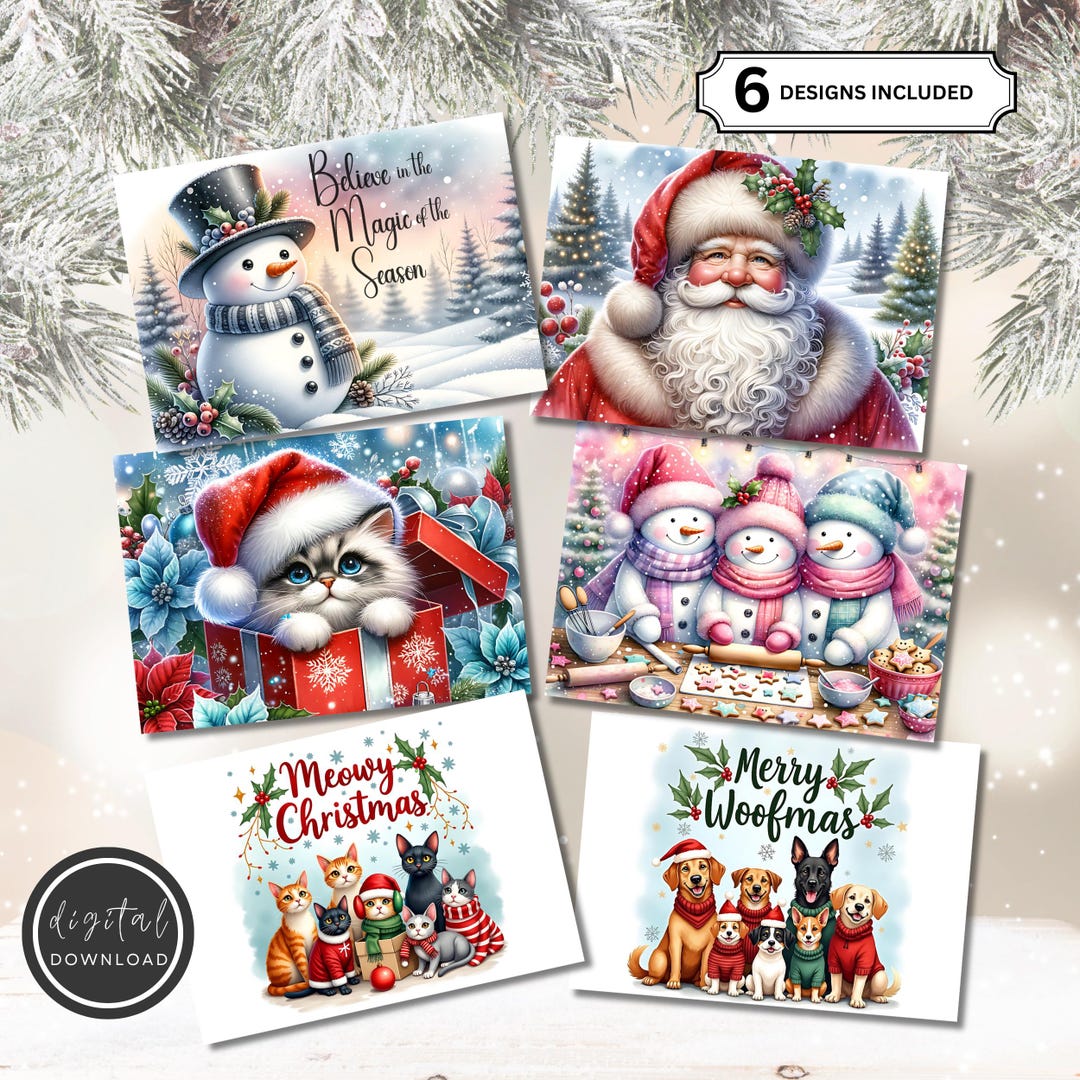 Printable Christmas Card Set of 6 | Holiday Card Bundle Download | DIY ...