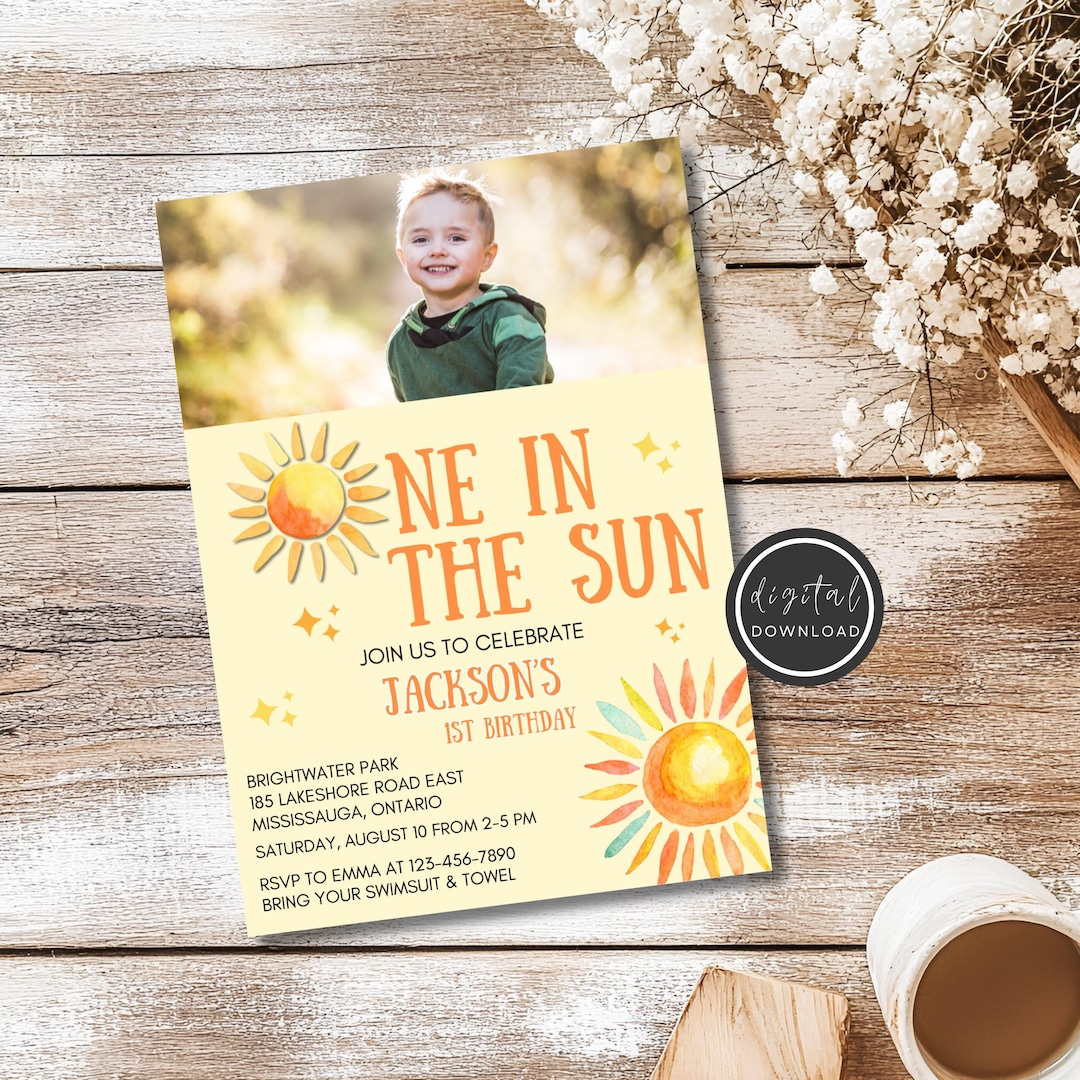 One in the Sun Birthday Party Invitation Template - First Birthday ...