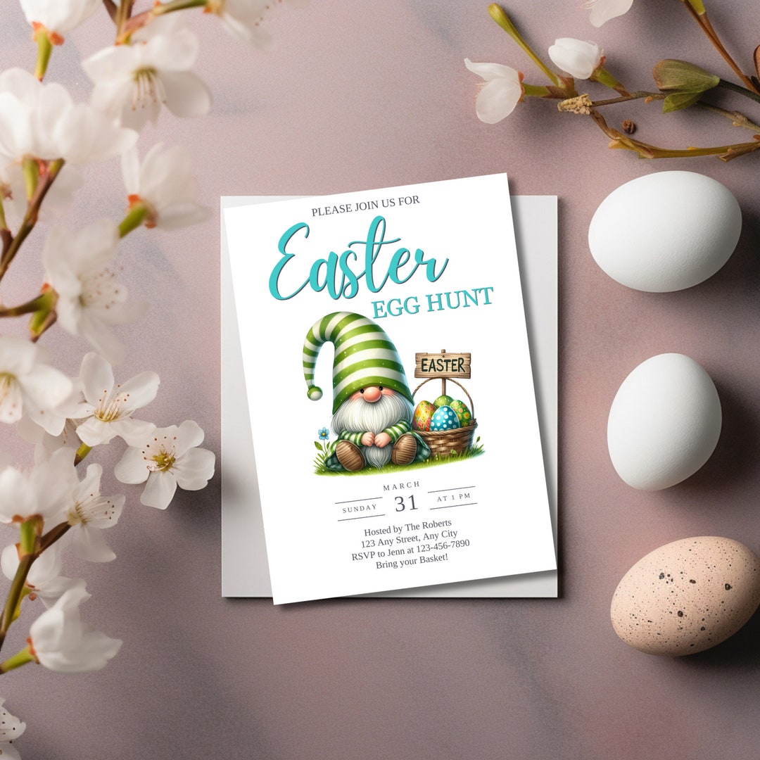Easter Gnome Egg Hunt Party Invite Personalized Invitation Printable ...
