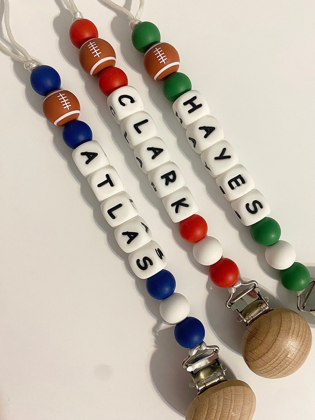Personalized Football Pacifier Clips With White Letter Beads - Etsy