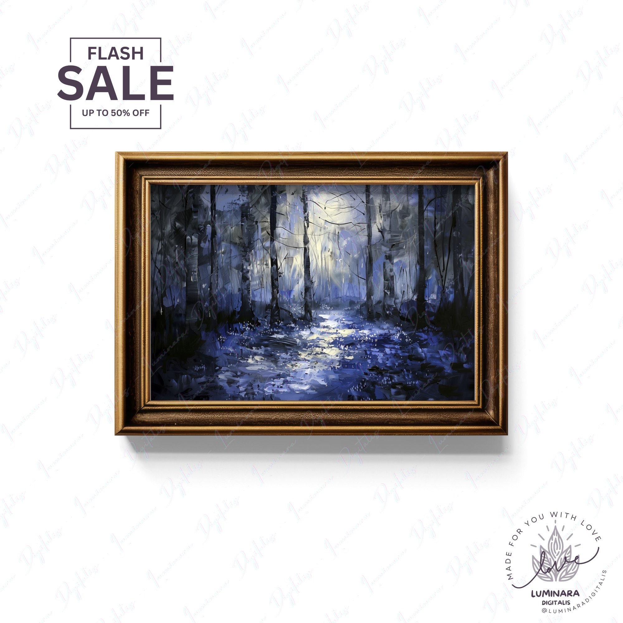 Enchanted Bluebell Forest Moonlight Scene Wall Art, Painting 163 ...